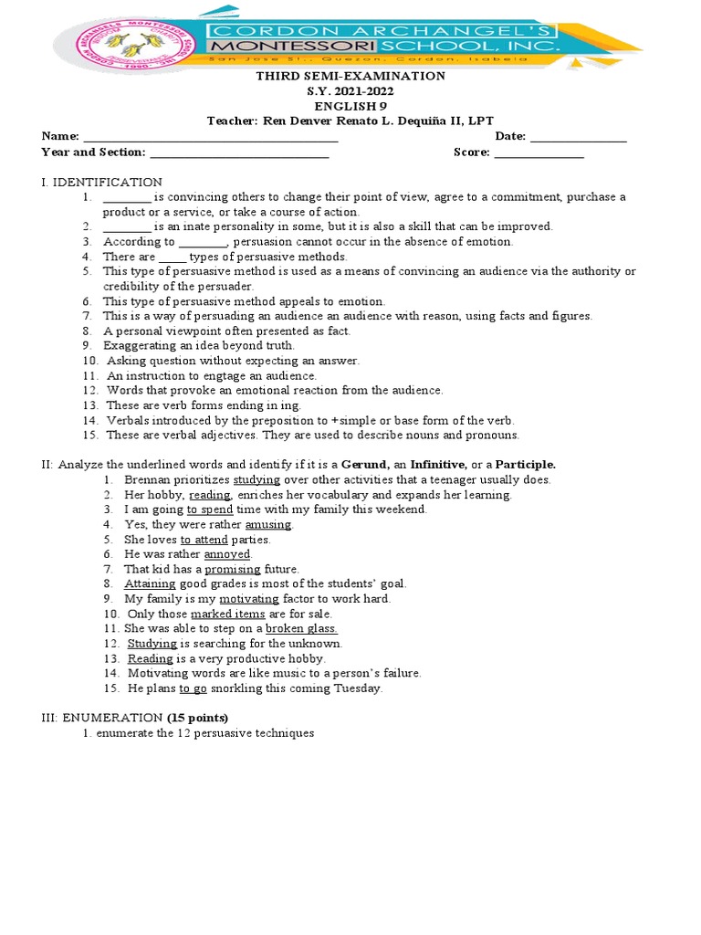 Grade 9 English | PDF | Verb | Persuasion