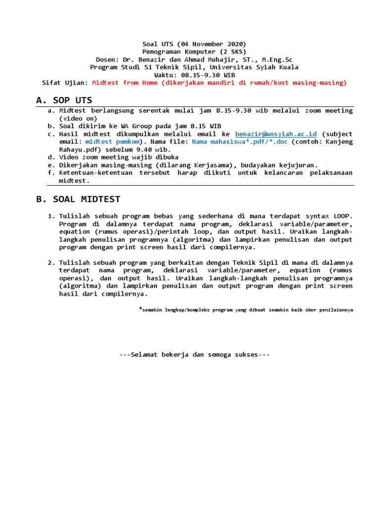Soal UTS Pemograman Komputer 2020 (BEN-AMJ) | PDF | Komputer