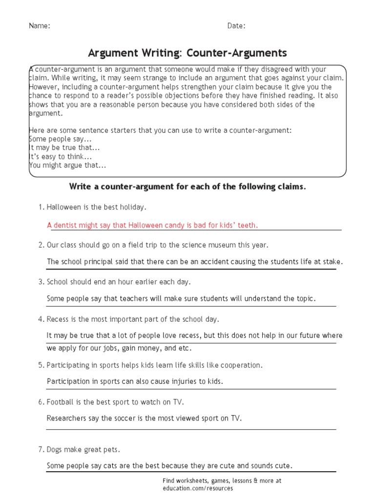 Writing Counter Arguments Worksheet Pdf Cognition