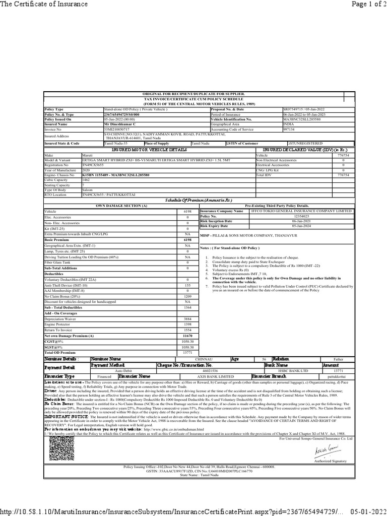 Insured Motor Vehicle Details Insured Declared Value (Idv) (In RS ...