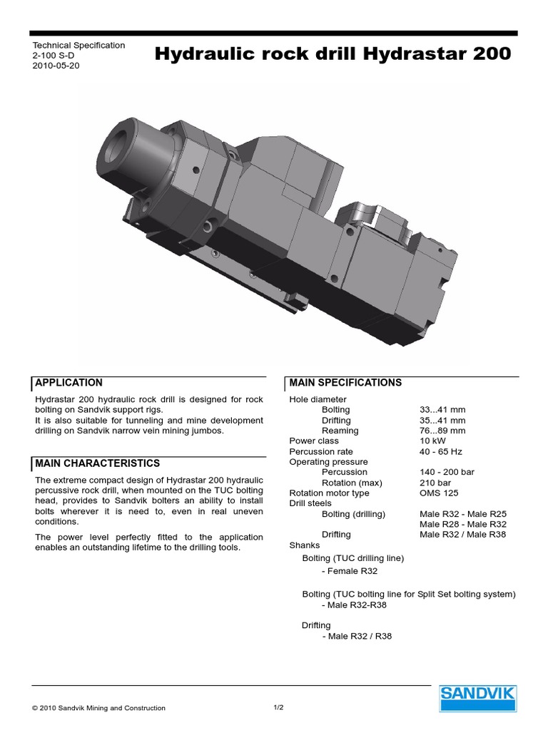 Hydraulic Rock Drill Hydrastar 200: Application Main Specifications ...