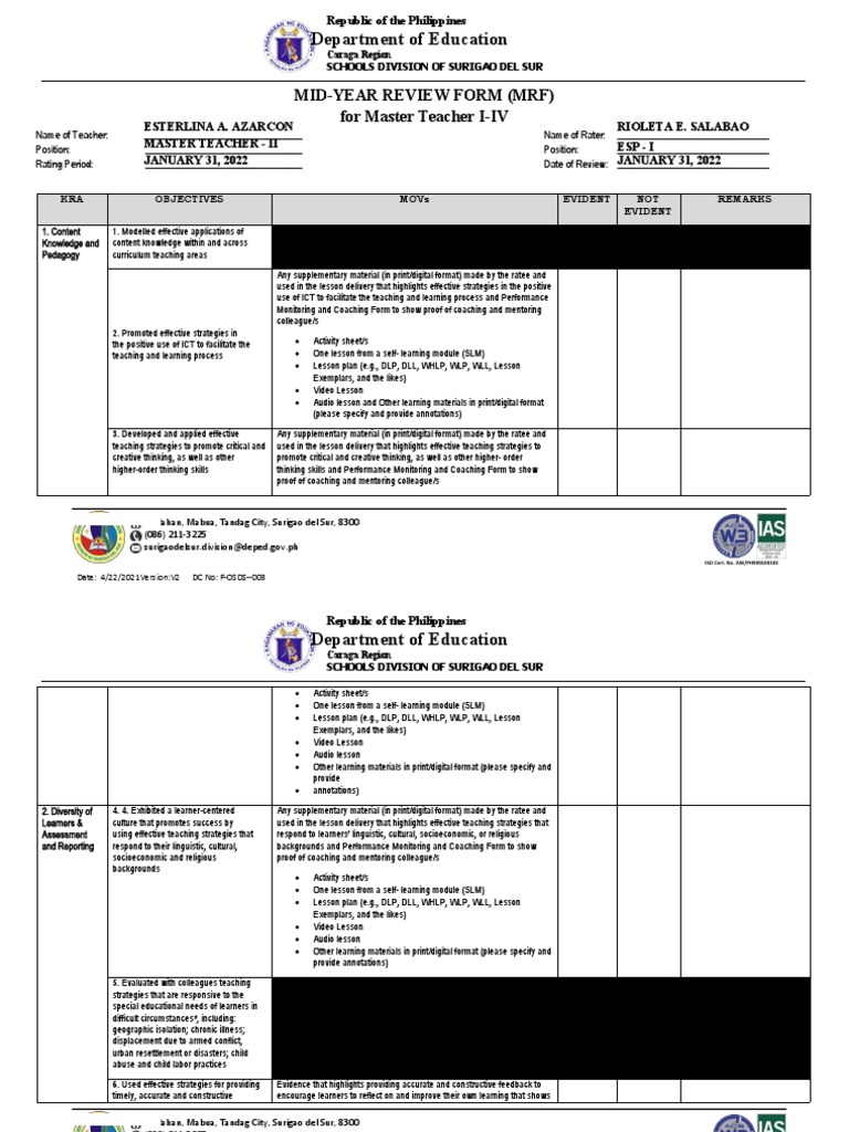 Department of Education: Mid-Year Review Form (MRF) For Master Teacher ...