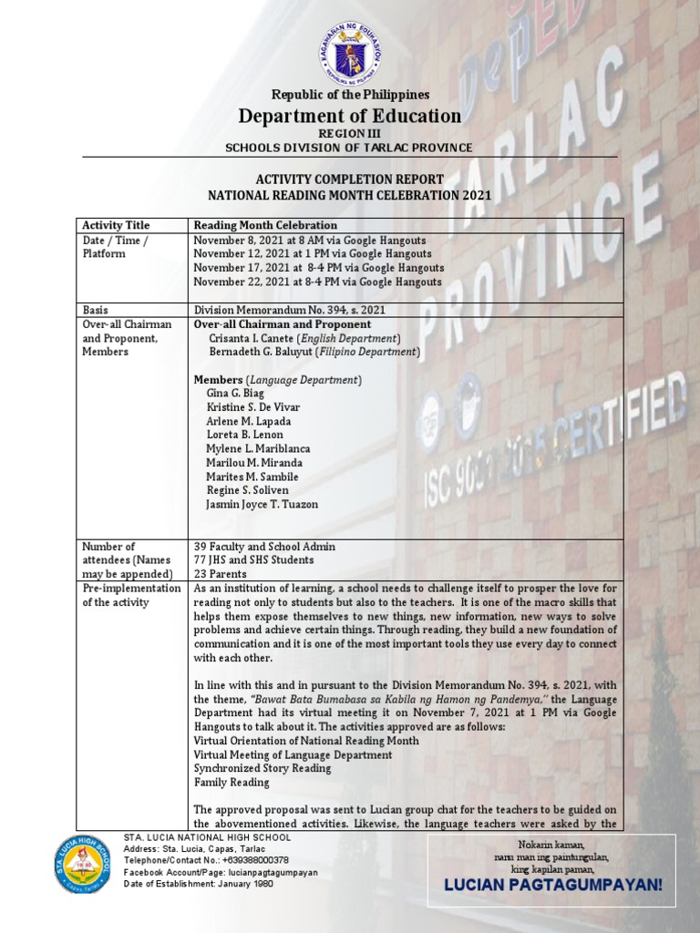 Activity Completion Report. National Reading Month Recovered 1 | PDF ...