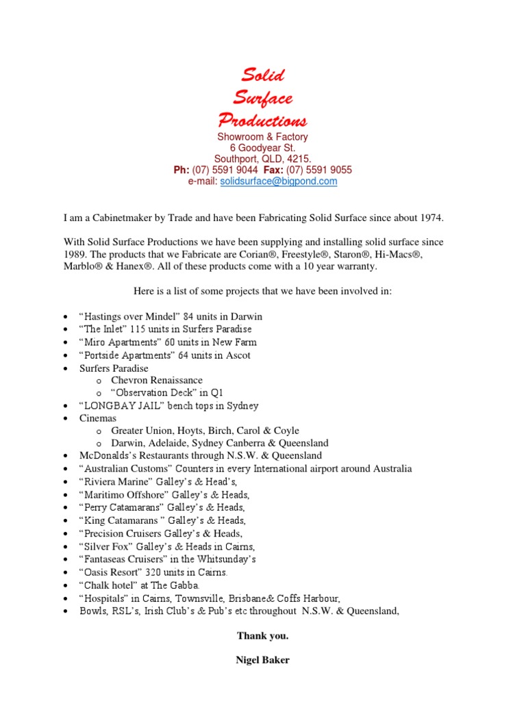 Nigel Baker Solid Surface Productions | PDF