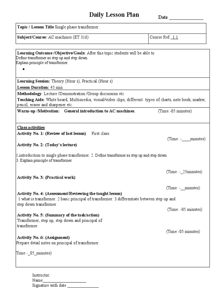 Daily Lesson Plan: Define Transformer As Step Up and Step Down. Explain ...