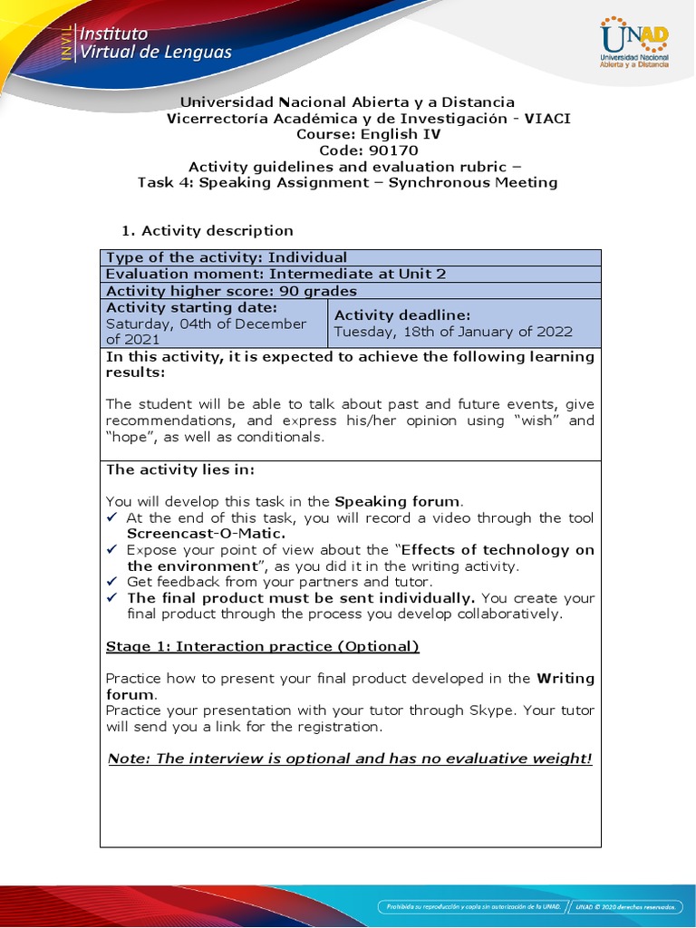 Activity Guide and Evaluation Rubric - Task 4 - Speaking Assignment ...