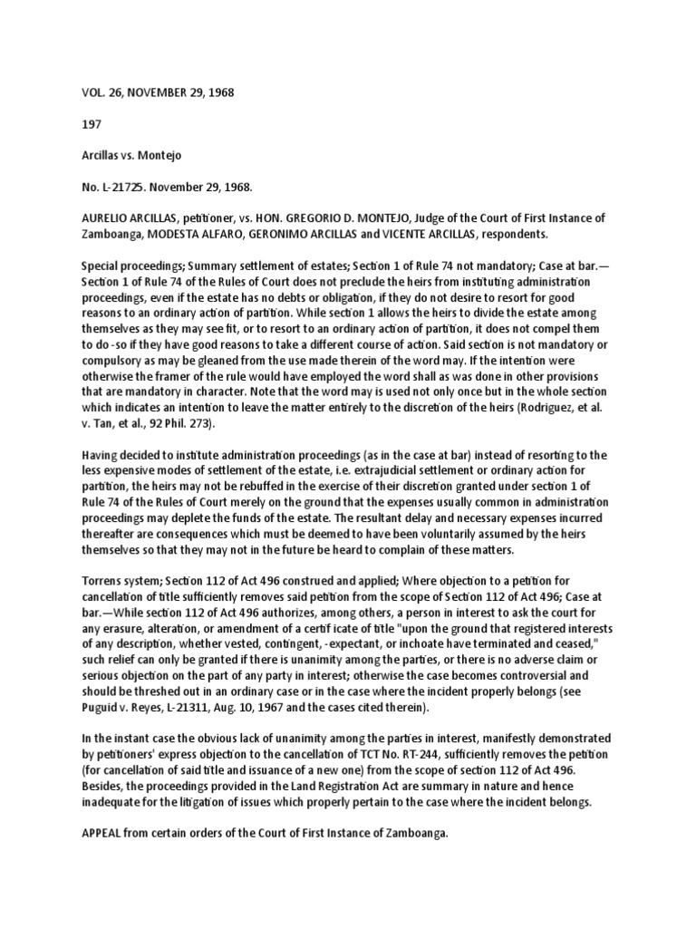 SPEC PRO 42. Arcillas vs. Montejo, 26 SCRA 197, No. L-21725 November 29 ...
