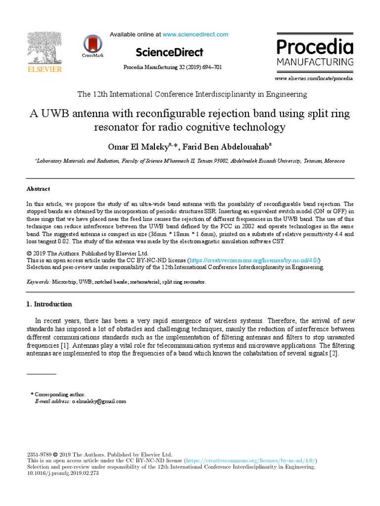 A UWB Antenna With Reconfigurable Rejection Band Using SPL - 2019 - Procedia Man | PDF | Ultra ...