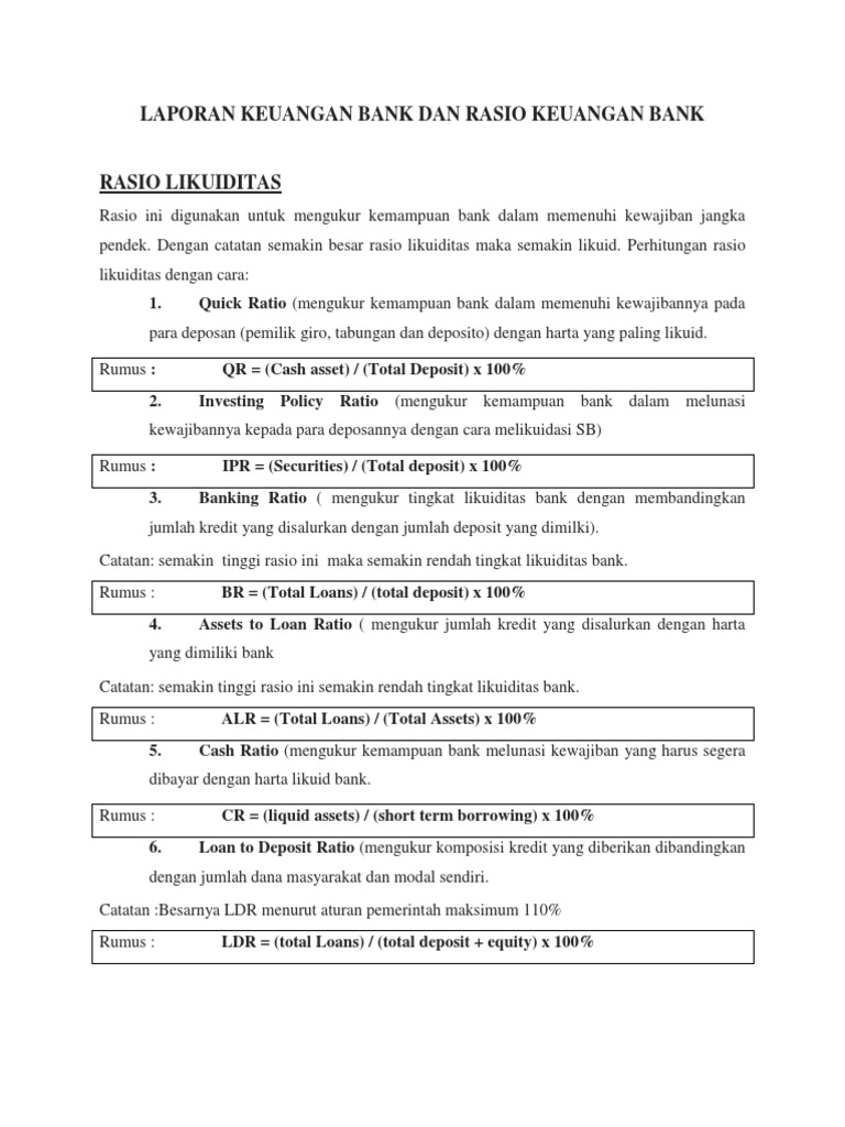 Rumus Rasio Likuiditas dan Kinerja Bank | PDF | Pengelolaan Keuangan & Uang