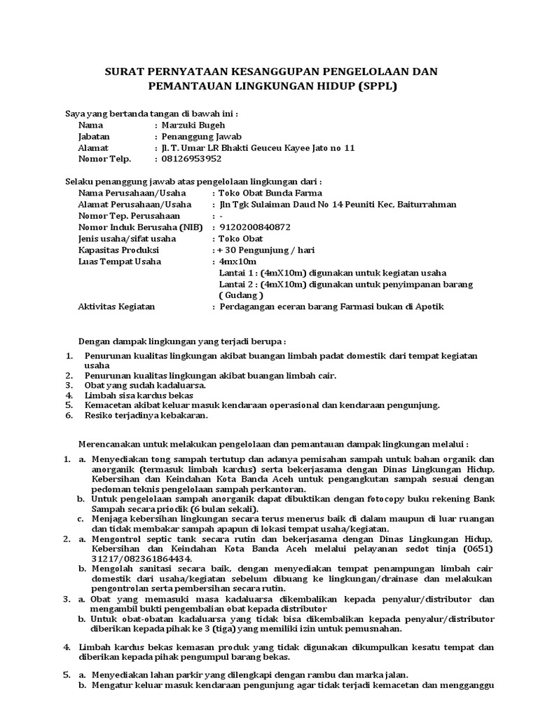 Format SPPL 2021 Toko Obat (Tanpa Tindakan Medis) | PDF