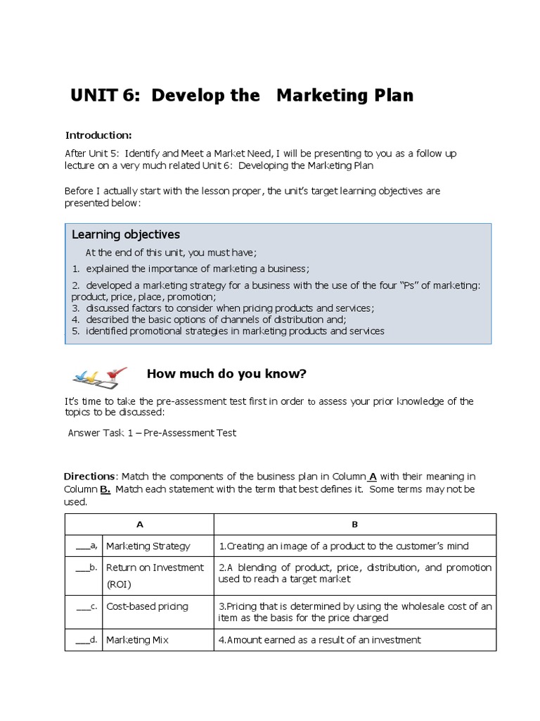 UNIT 6. Develop A Marketing Plan | PDF | Marketing | Pricing
