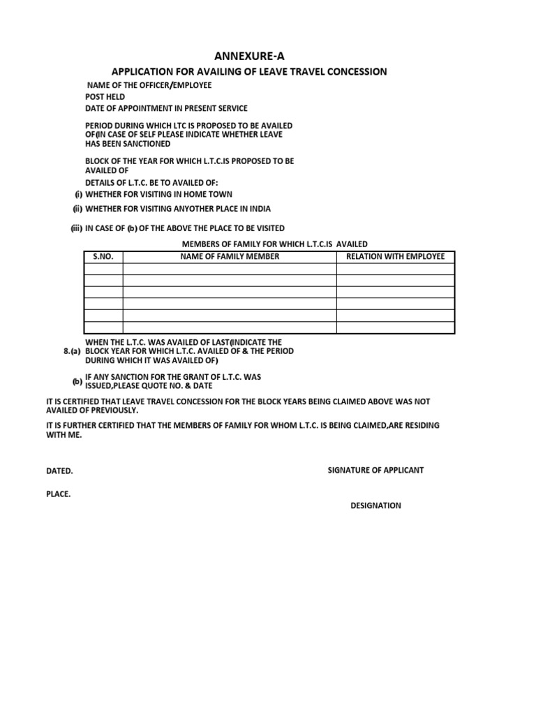 Annexure-A: Application For Availing of Leave Travel Concession | PDF ...