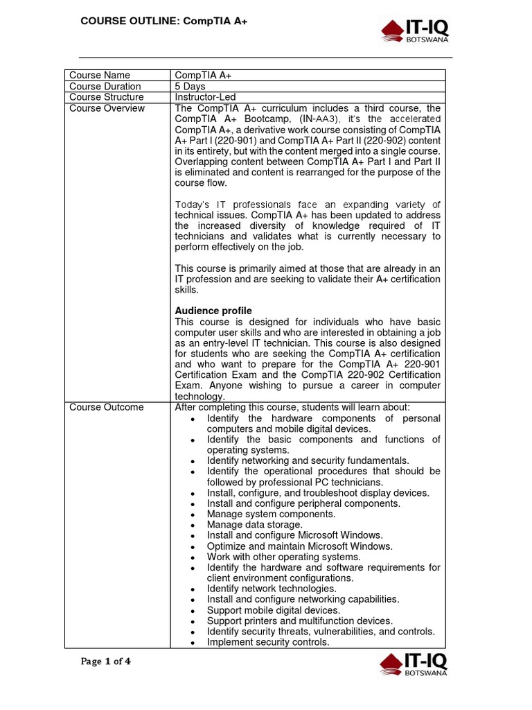 Course Outline: Comptia A+: Audience Profile | PDF | Operating System | Computer Network