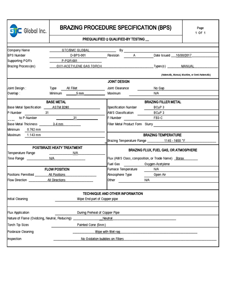 Brazing Procedure Specification (BPS) : (Automatic, Manual, Machine, or ...