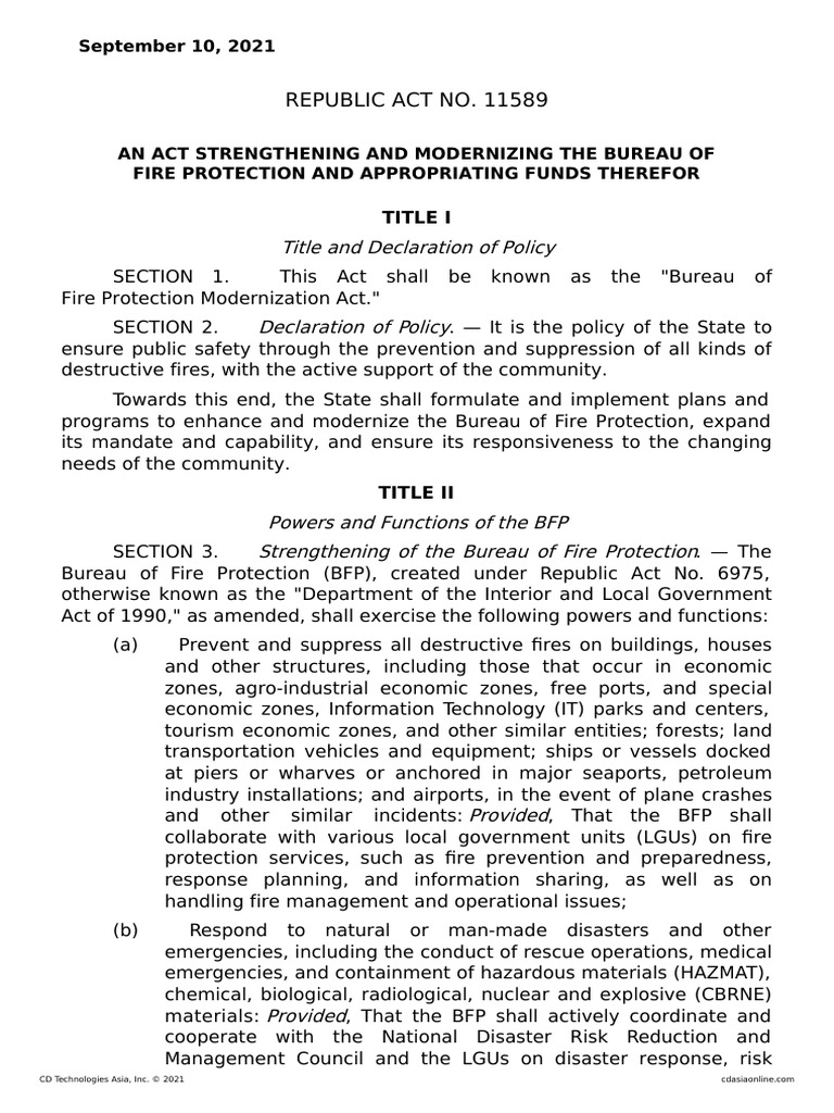 RA 11589 - Bureau of Fire Protection Modernization Act (2021) | PDF ...
