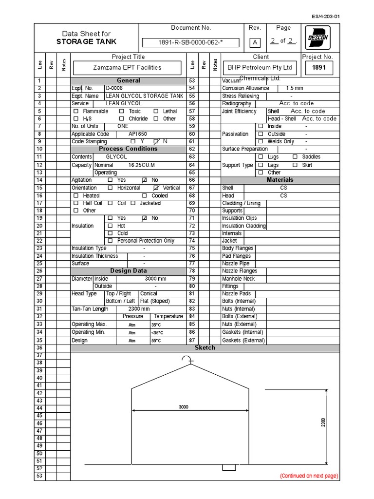 Storage Tank: Data Sheet For | PDF | Building Engineering | Civil ...