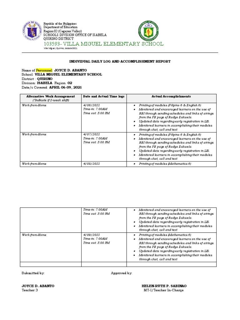 Individual Daily Log and Accomplishment Report WFH | PDF | Computing