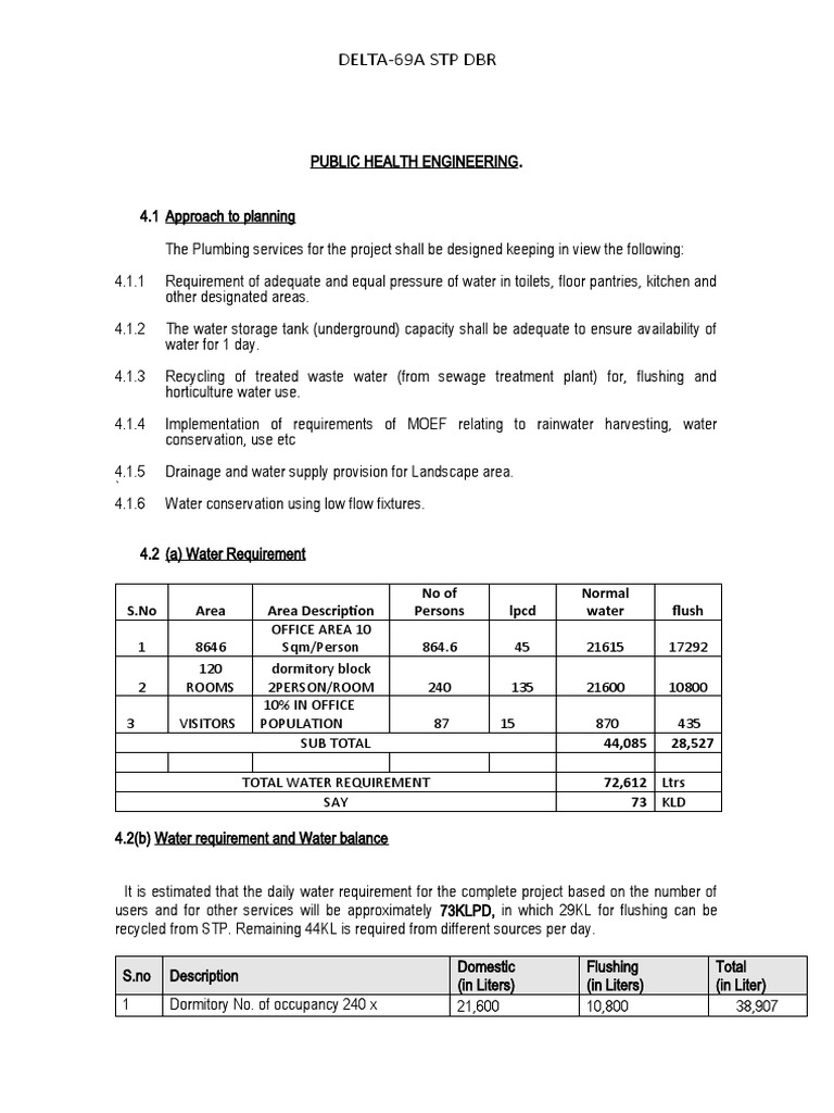 Delta-69A STP DBR: S.No Area Area Description No of Persons LPCD Normal Water Flush | PDF ...