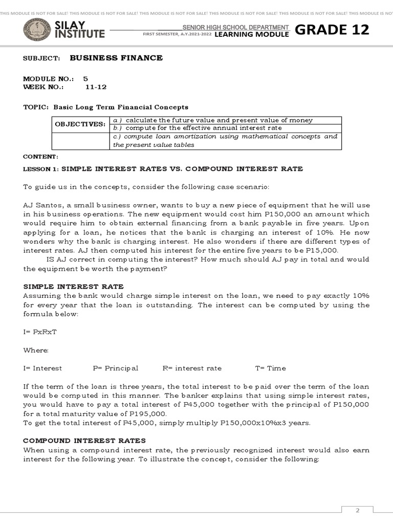 GR12 Business Finance Module 9-10 | PDF | Interest | Compound Interest