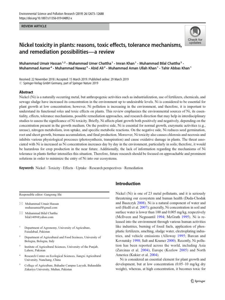 Nickel Toxicity in Plants: Reasons, Toxic Effects, Tolerance Mechanisms ...