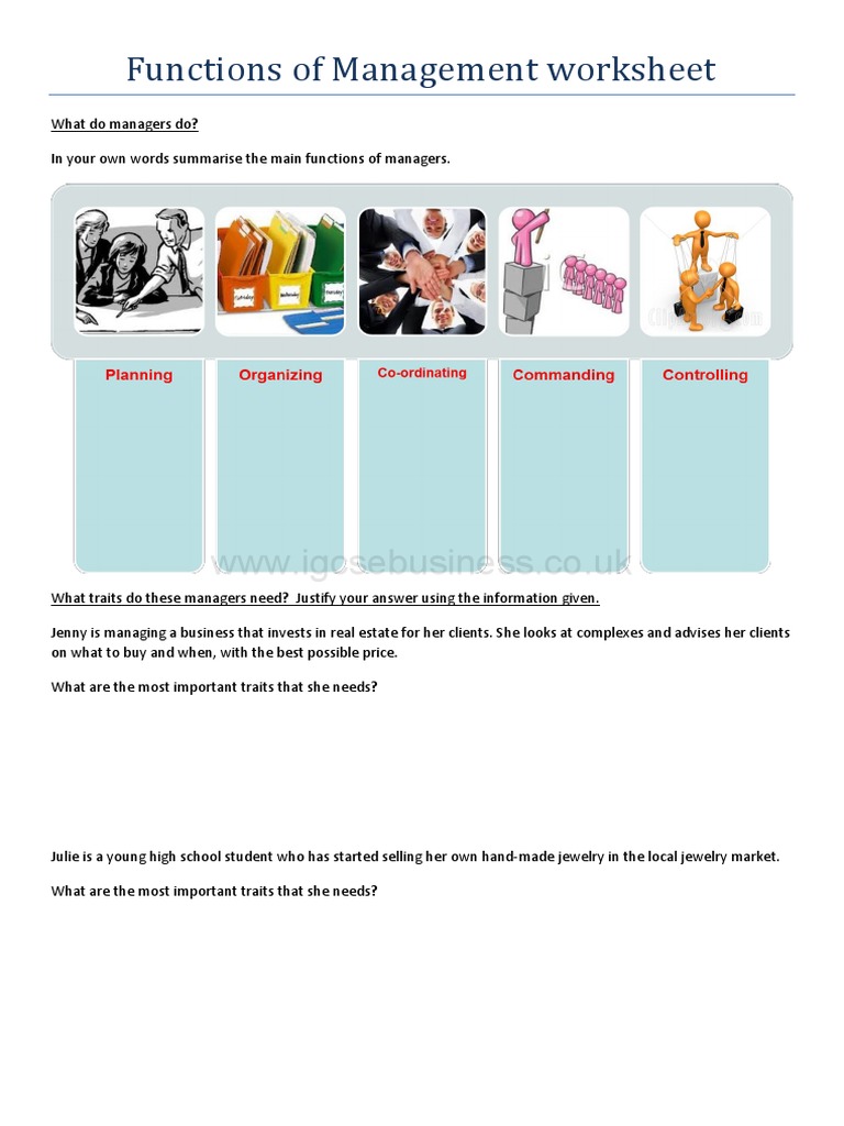 Functions of Management Worksheet: WWW - Igcsebusiness.co - Uk | PDF