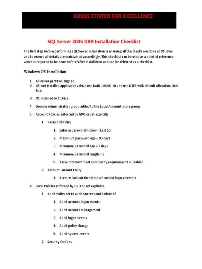KDSSG Center For Excellence: SQL Server 2005 DBA Installation Checklist ...
