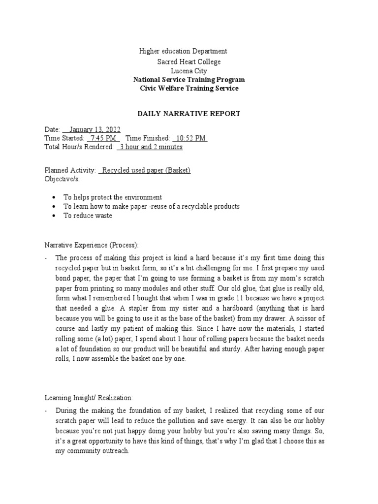 Daily Narrative Report Guide | PDF | Art