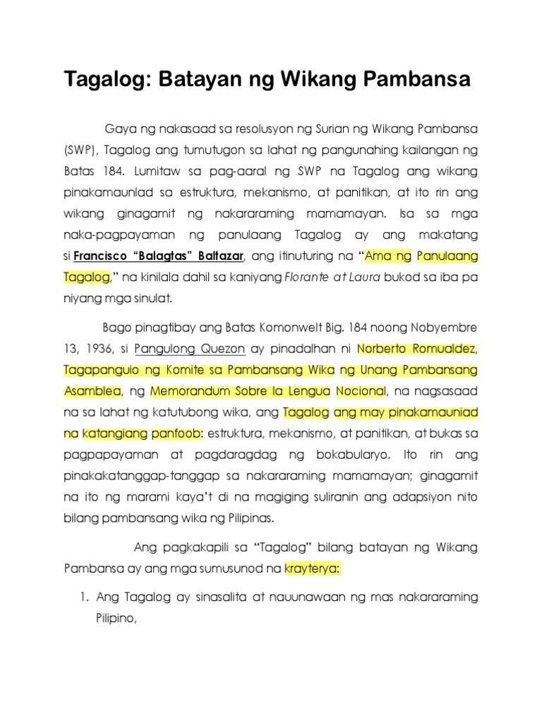Tagalog - Batayan NG Wikang Pambansa | PDF