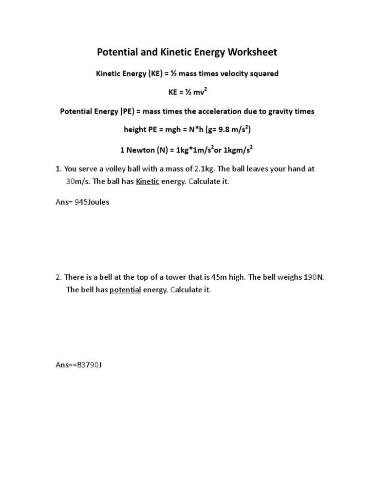Potential and Kinetic Energy Worksheet | PDF