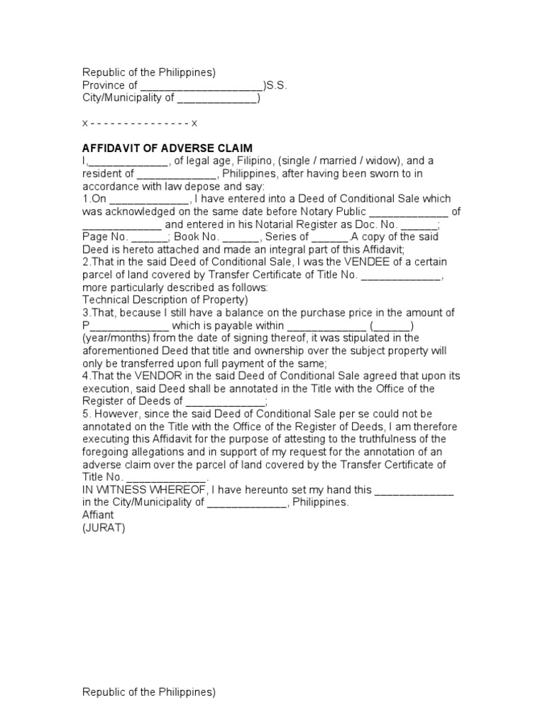 Sample Adverse Claim | PDF | Deed | Affidavit