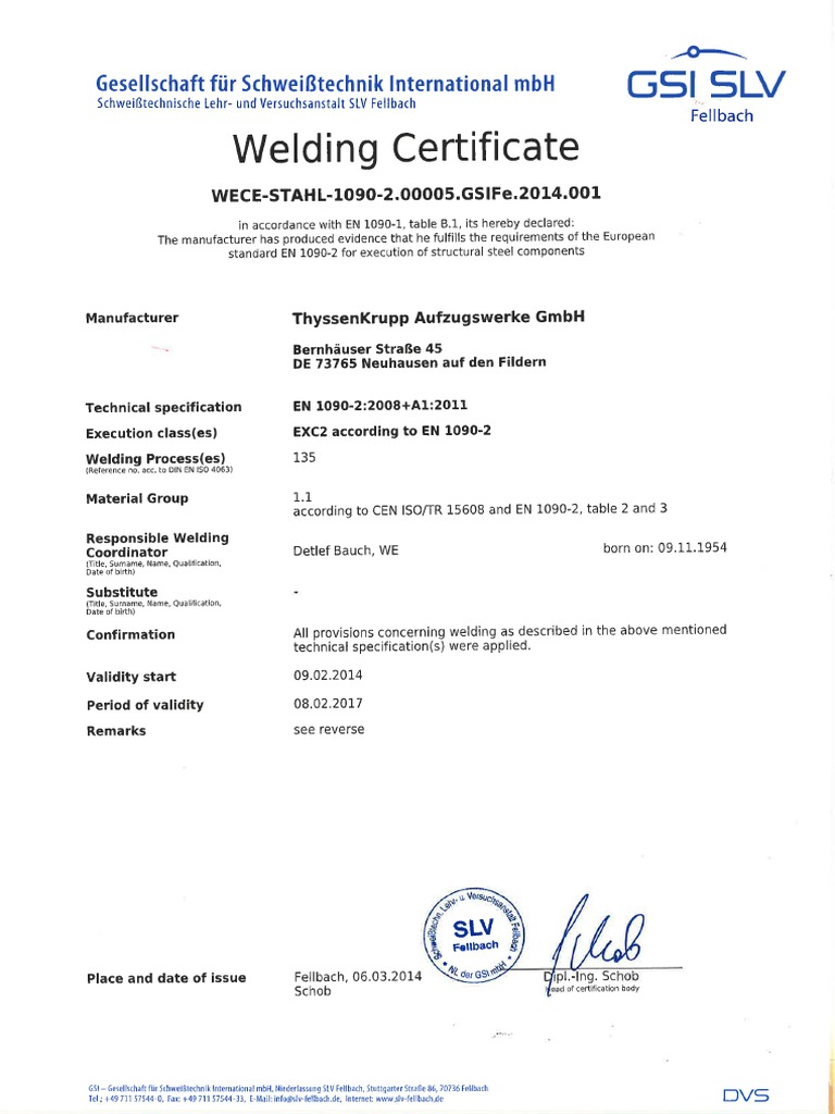 Thyssen Elevator Certificate 2 | PDF
