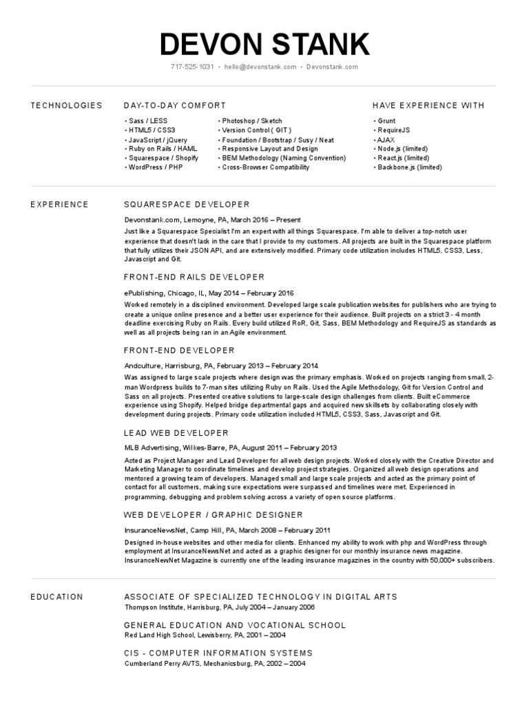 Devon Stank Resume 2016 | PDF | Web Design | Ruby On Rails