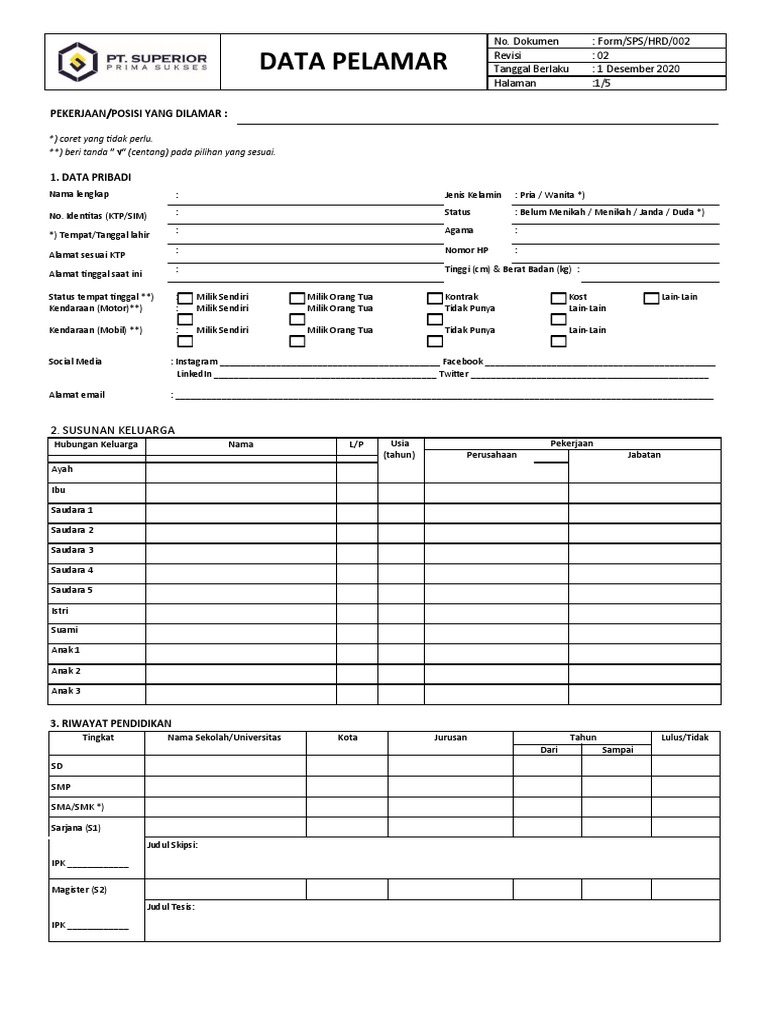 Form Sps HRD 002 02 Data Pelamar | PDF