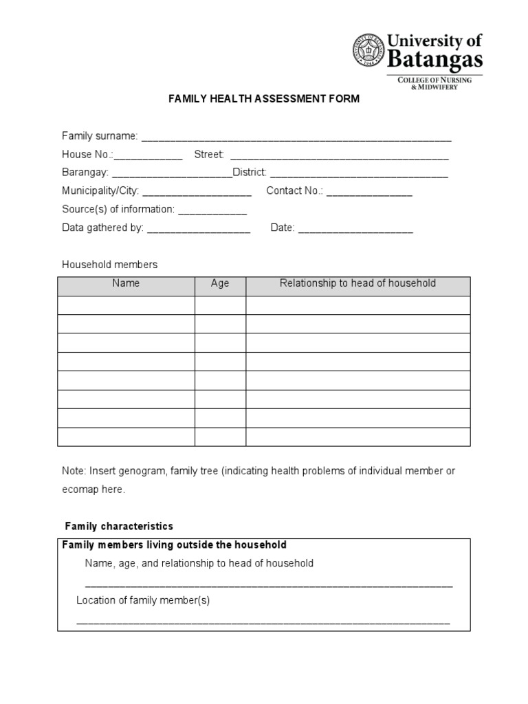 Family Health Assessment Form | Download Free PDF | Family | Health Care
