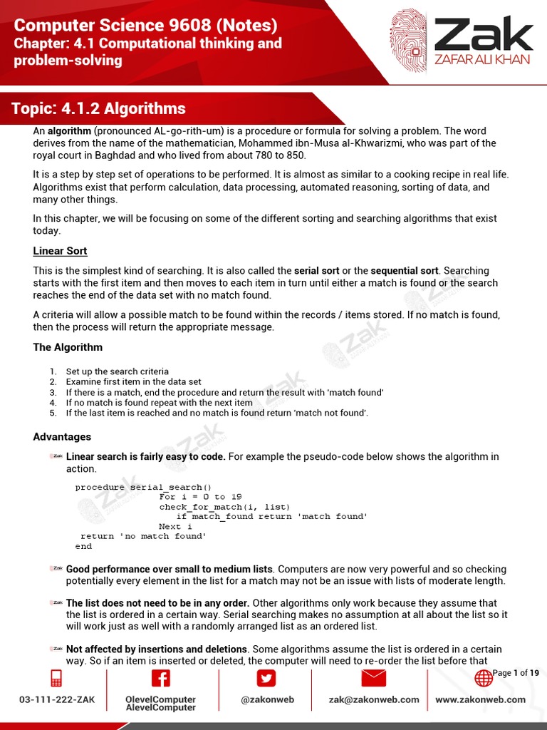 Topic: 4.1.2 Algorithms: Chapter: 4.1 Computational Thinking and Problem-Solving | PDF | Queue ...