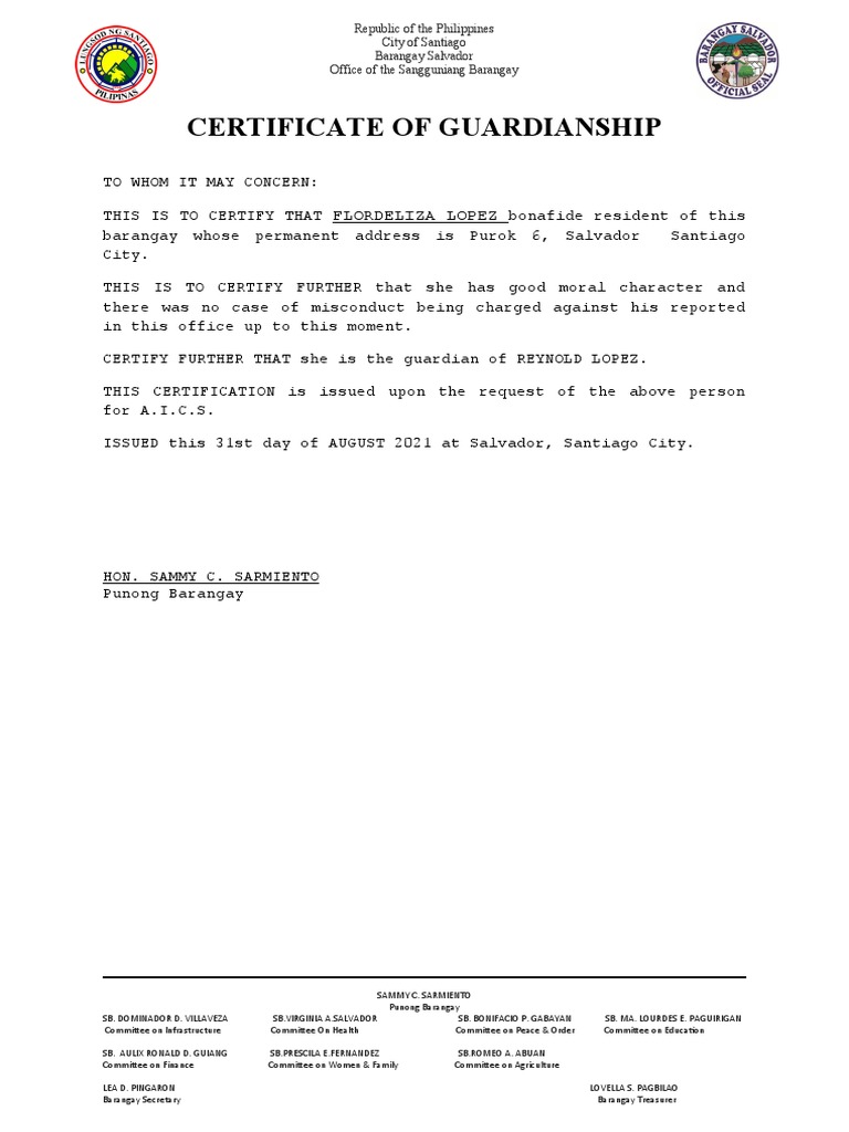Certificate of Guardianship: Flordeliza Lopez | PDF