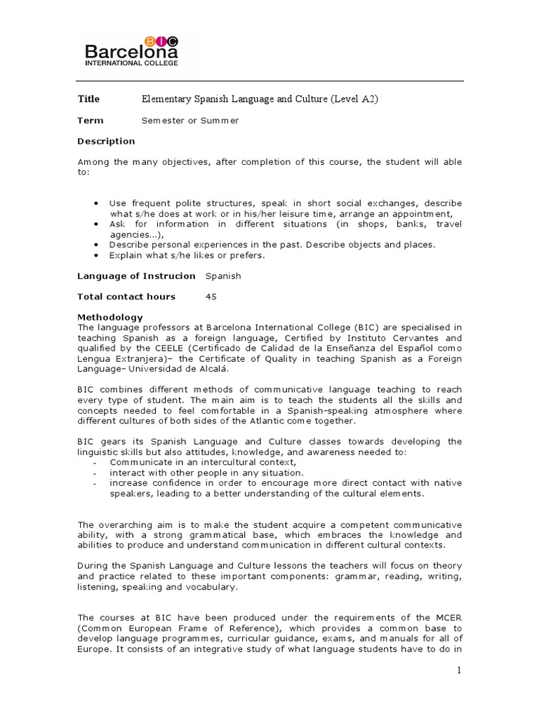 Elementary Spanish Language and Culture Level A2 | PDF | Teachers ...