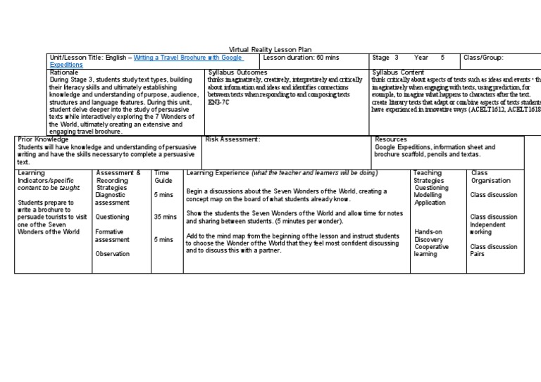 Virtual Reality Lesson Plan | PDF | Educational Assessment | Lesson Plan