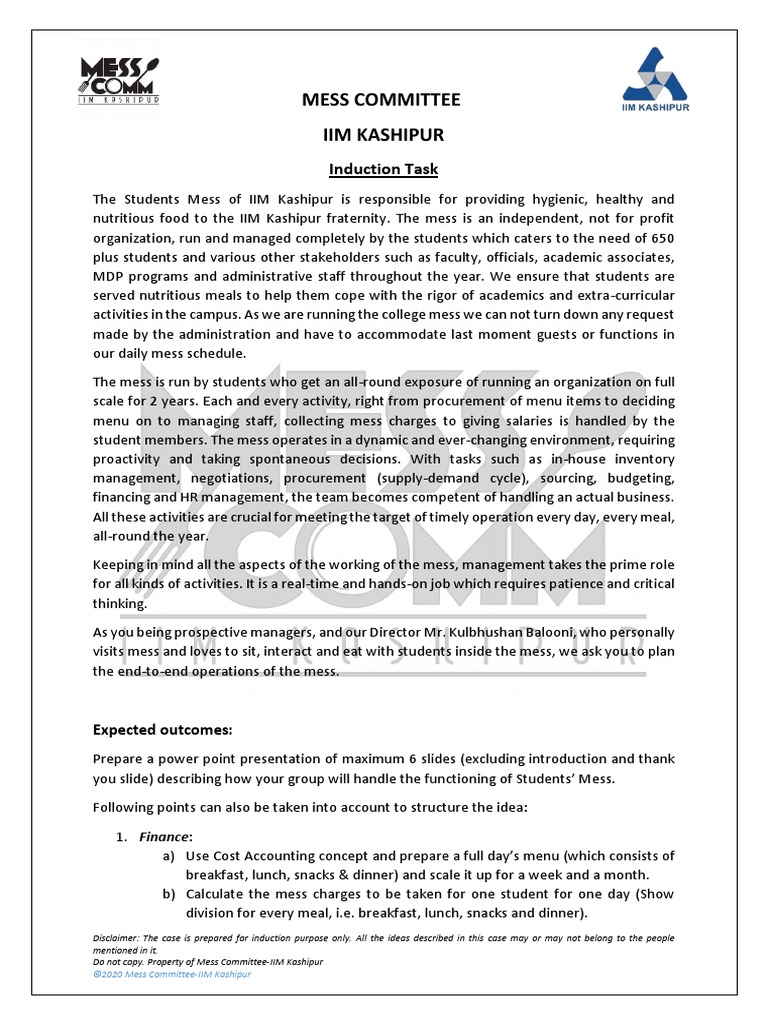 Mess Committee Iim Kashipur: Induction Task | PDF | Inventory | Economies
