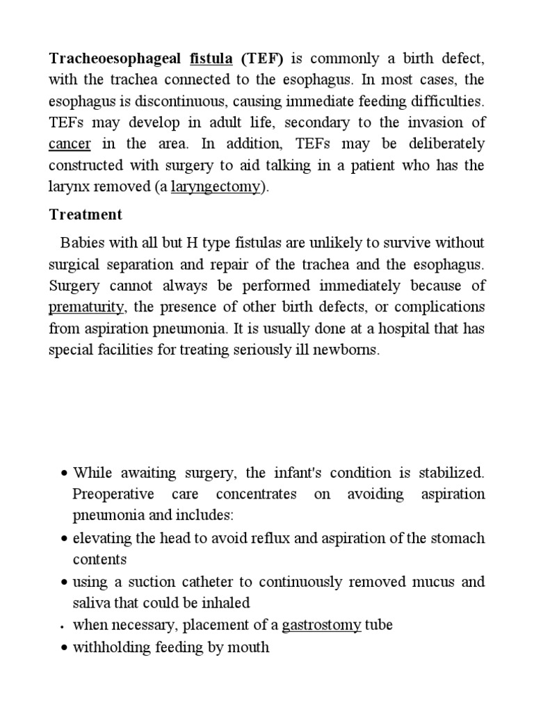 Tracheoesophageal Fistula (TEF) Is Commonly A Birth Defect | PDF ...