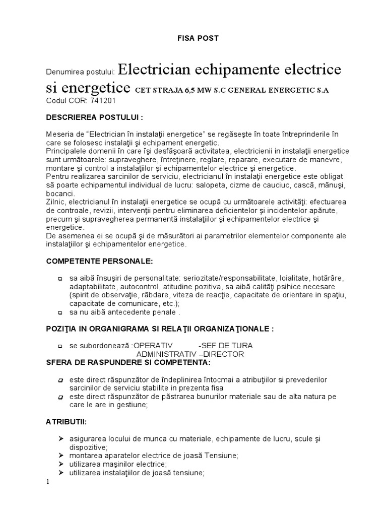 Fisa Post Electrician | PDF