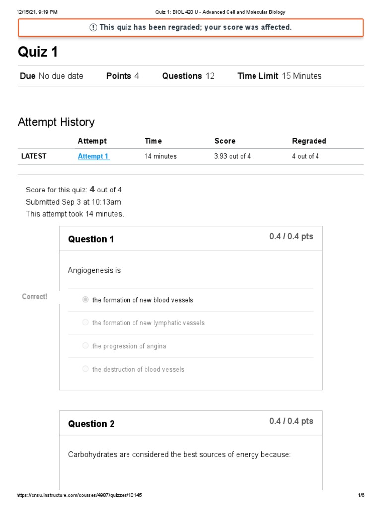 Quiz 1 - BIOL 420 U - Advanced Cell and Molecular Biology | Download ...