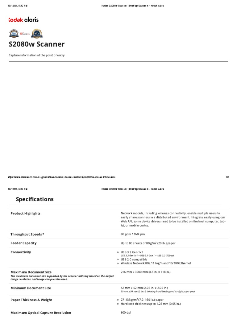 Kodak S2080w Scanner - Desktop Scanners - Kodak Alaris | PDF | Image ...