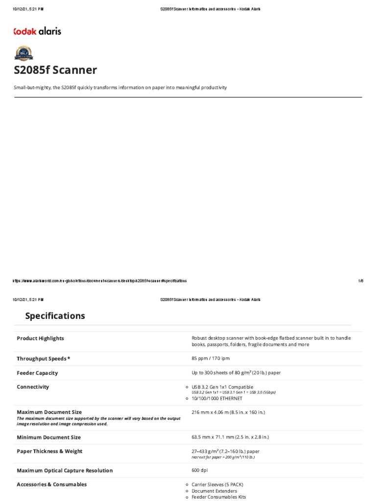 S2085f Scanner Information and Accessories - Kodak Alaris | PDF | Image ...