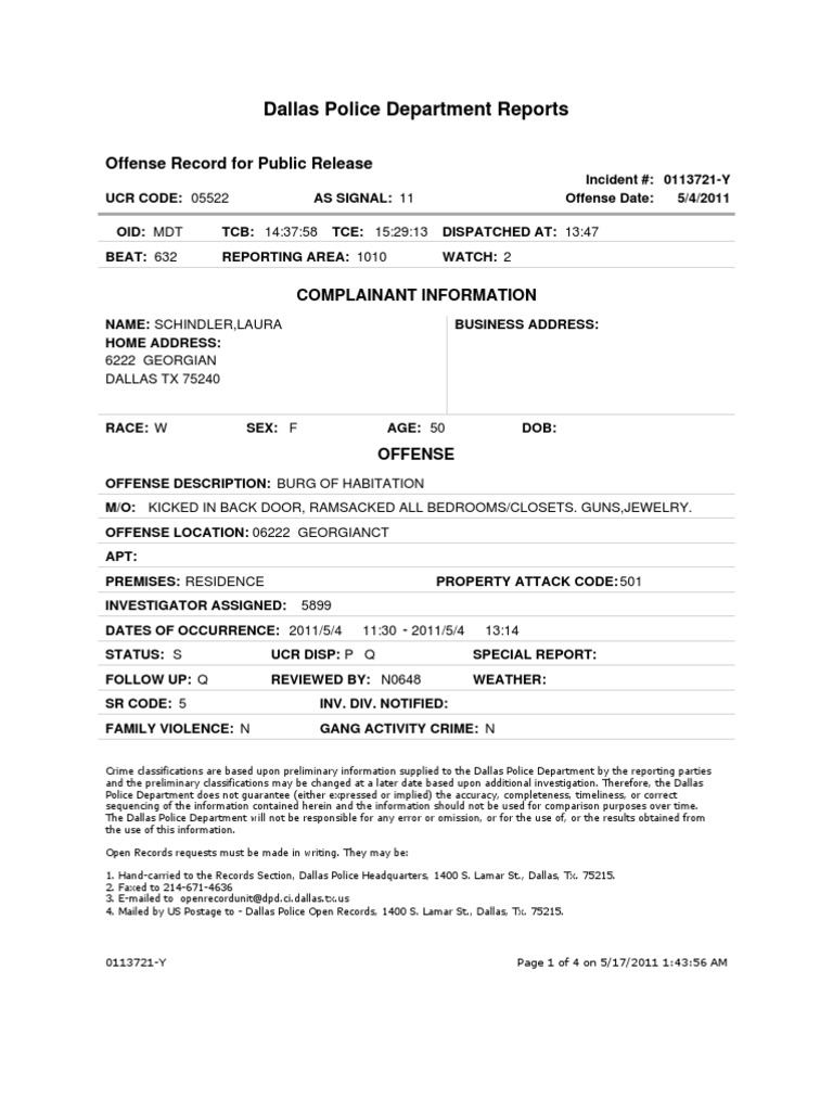 Dallas Police Department Reports: Offense Record For Public Release ...