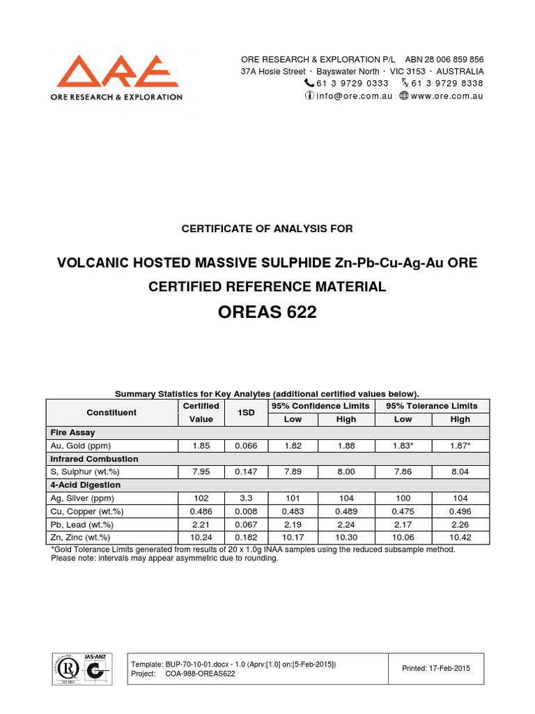 OREAS 622 Certificate | Download Free PDF | Standard Deviation | Variance
