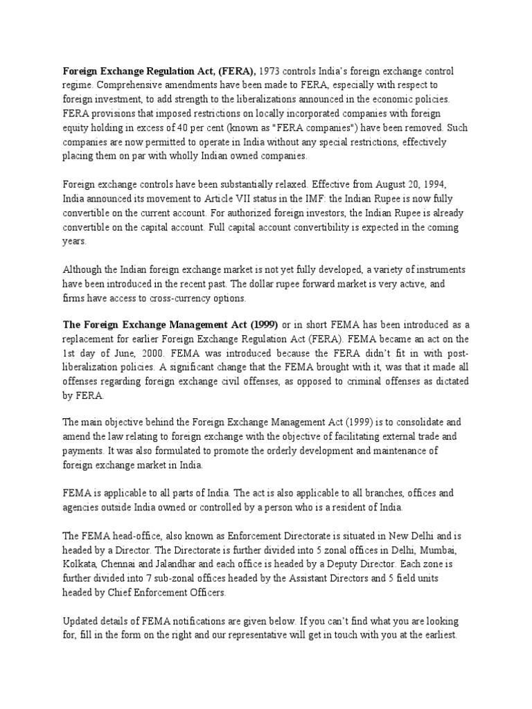 Foreign Exchange Regulation Act, (FERA), 1973 Controls India's Foreign ...