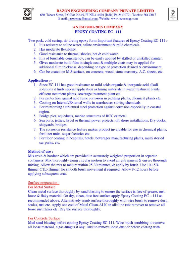 Epoxy Coating Ec - 111: Razon Engineering Company Private Limited | PDF ...