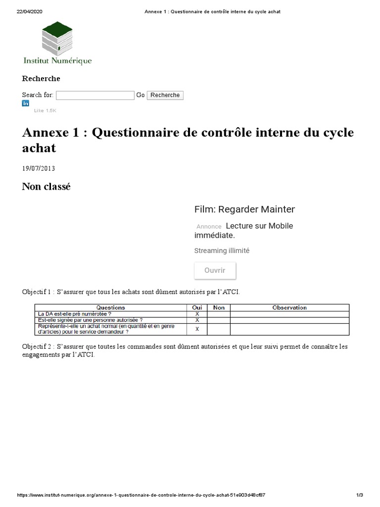 Annexe 1 - Questionnaire de Contrôle Interne Du Cycle Achat | PDF | Informatique