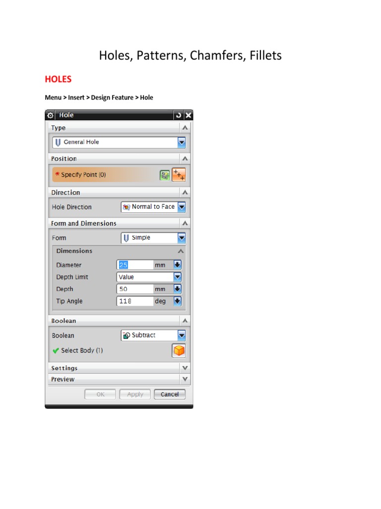 Holes, Patterns, Chamfers, Fillets | PDF